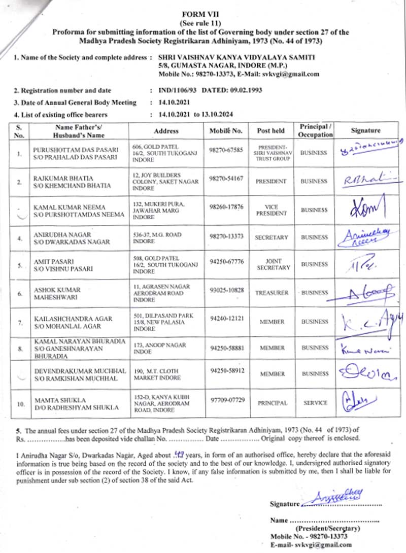 Society Registration | SHRI VAISHNAV KANYA VIDYALAYA